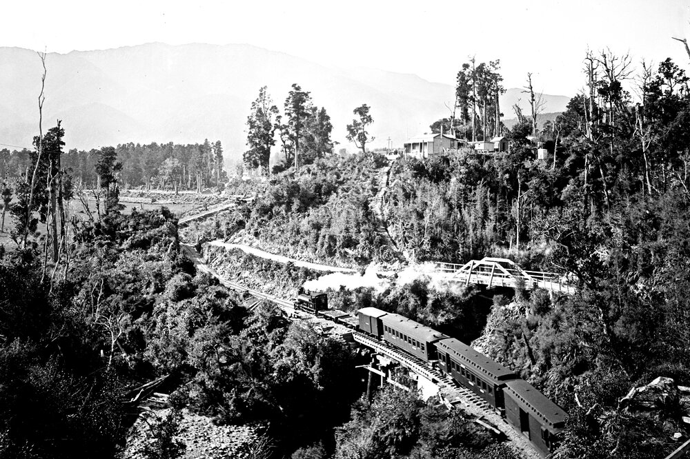 Train crossing Chasm Creek on its way to Seddonville.1903. | West Coast ...