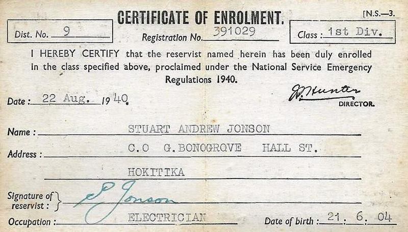 WW2 enrollment for Stuart Andrew Jonson.1940. | West Coast New Zealand ...